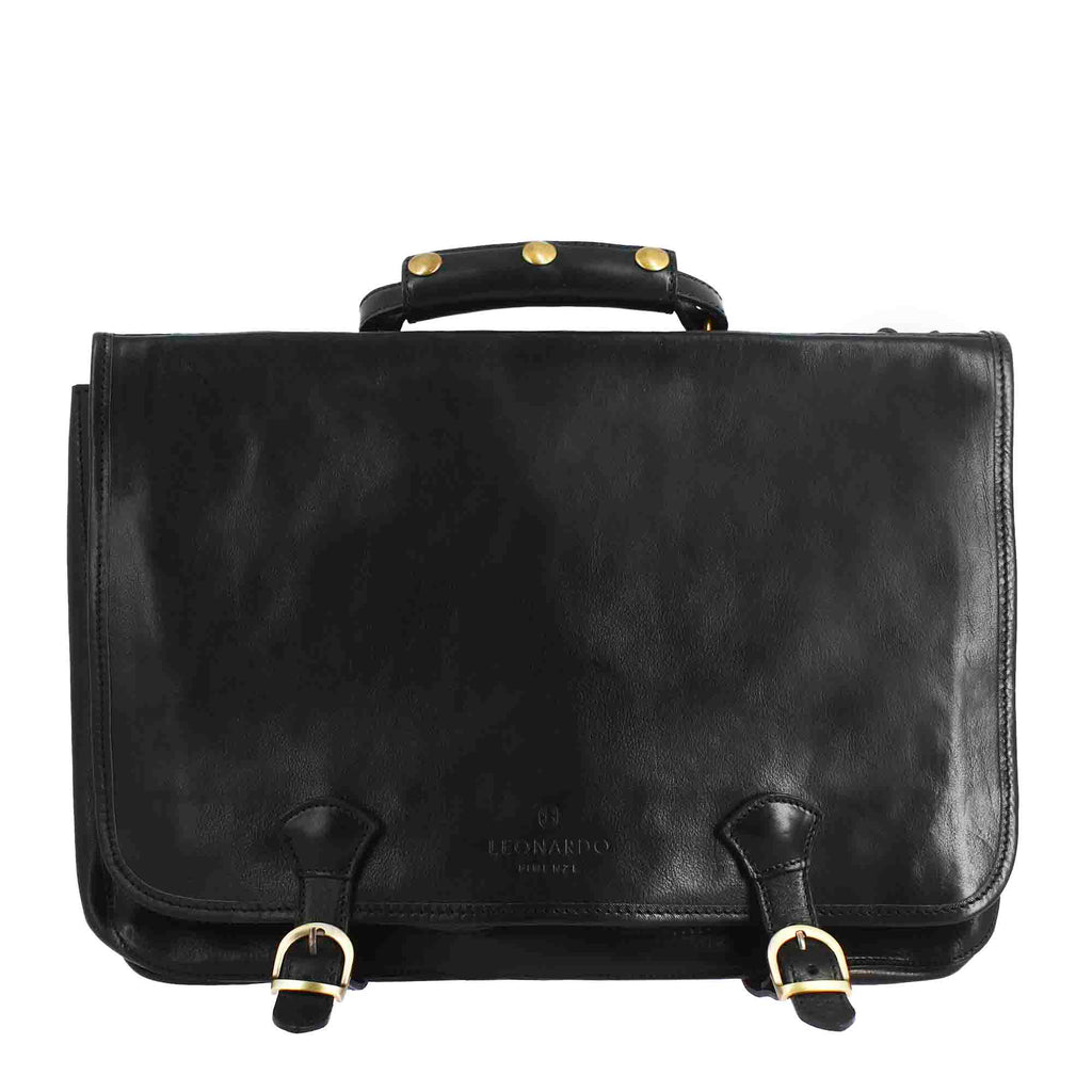 Professional briefcase in full-grain leather flap closure with double