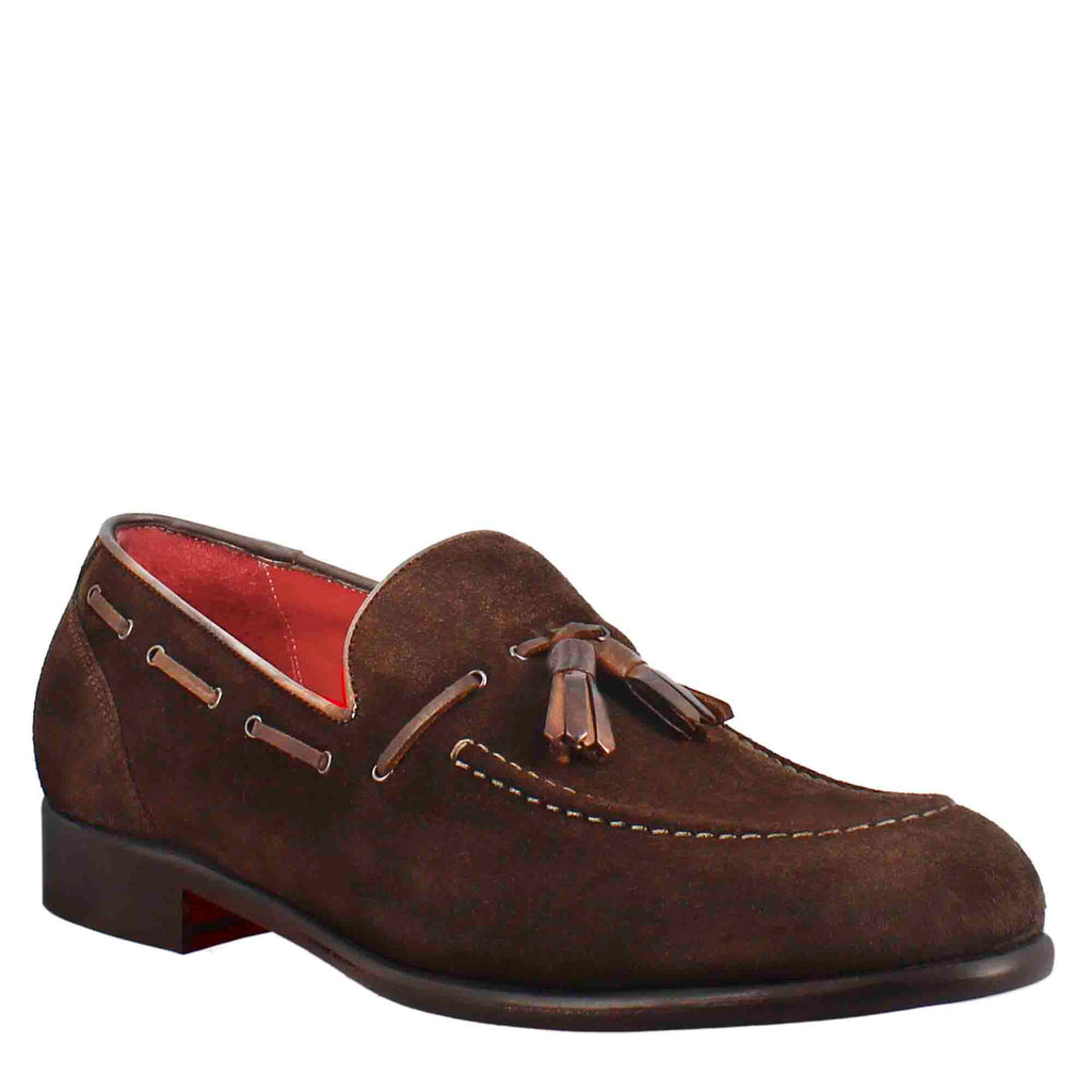 Mocassino con nappine da uomo in pelle scamosciata colore marrone scur