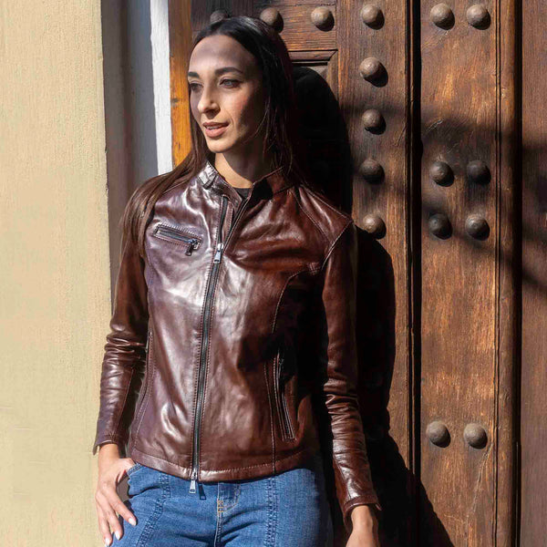 Giacca da donna in pelle alta qualità marrone conciata al vegetale