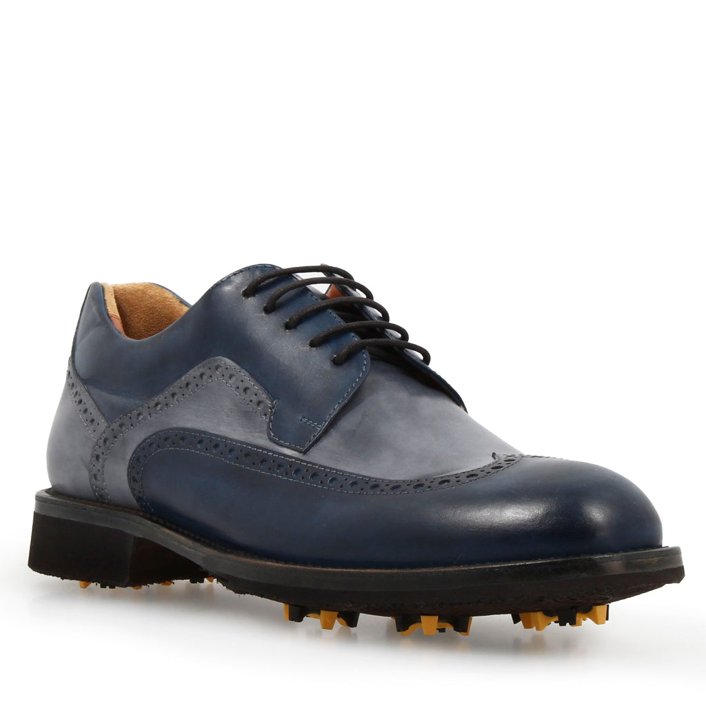 Handmade golf shoes in blue jeans leather