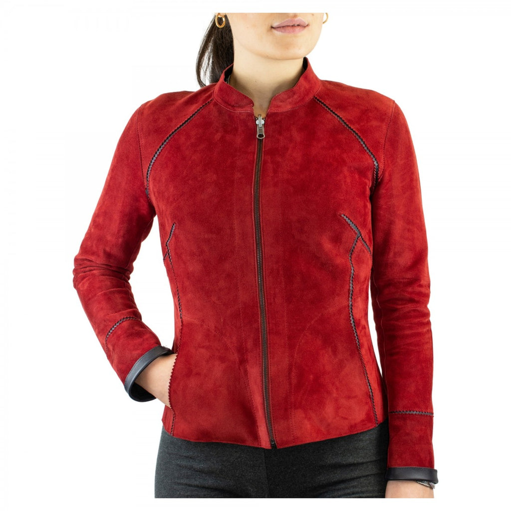 Astrid women's reversible jacket handmade in LEATHER red reindeer and
